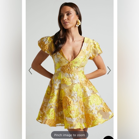 Showpo. | Dresses | Brailey Jacquard Mini Dress Puff Sleeve Dress In ...